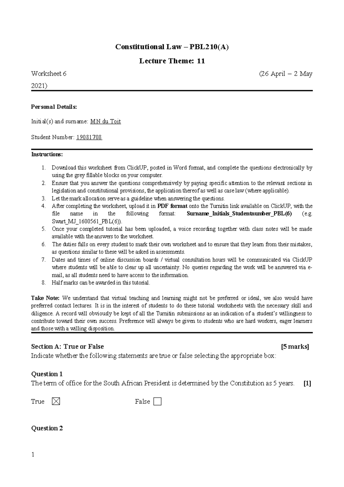 Worksheet 6 - Click UP - AAAAA - Constitutional Law – PBL210(A) Lecture ...