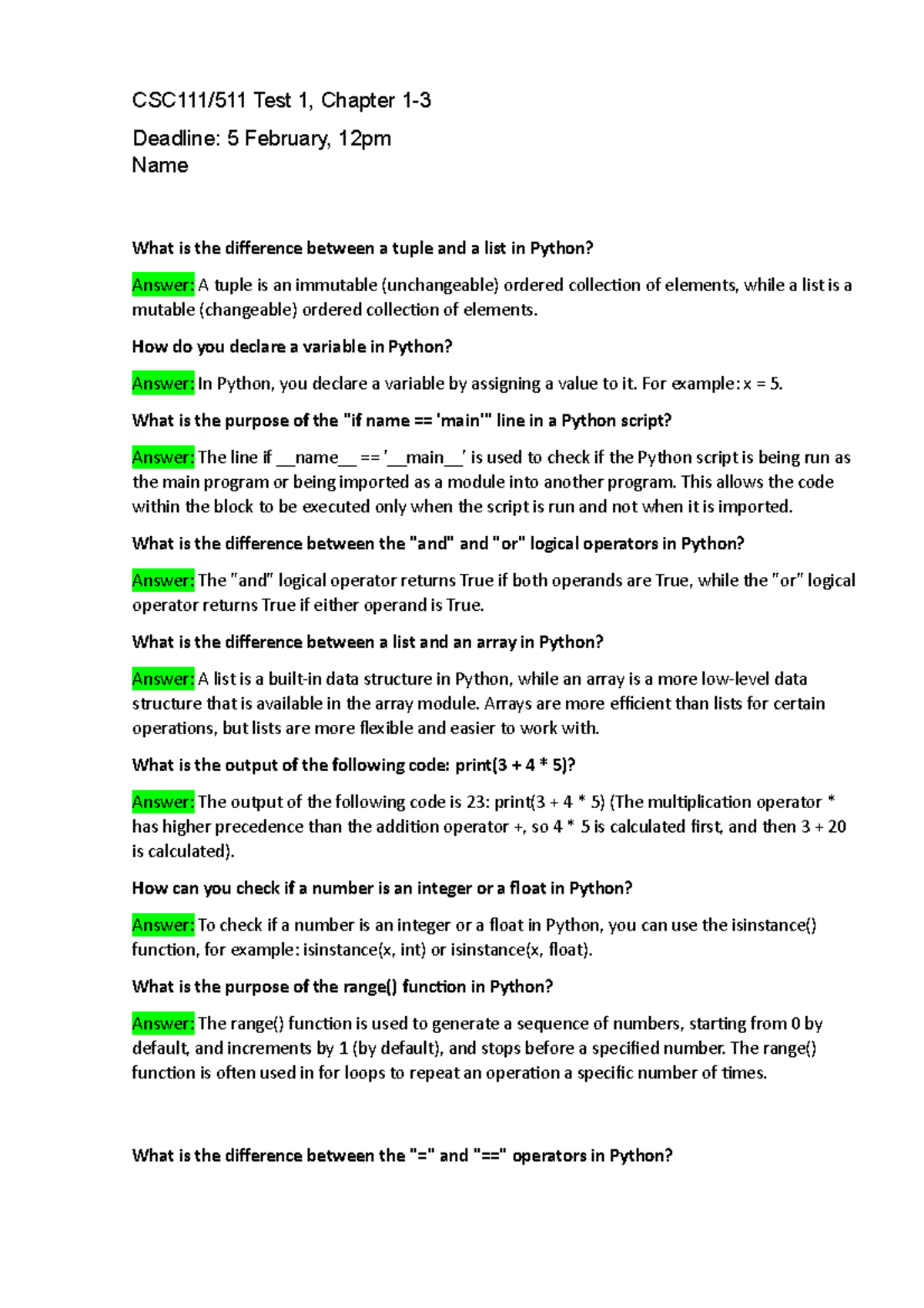 CSC111-February 5-TEST - CSC111/511 Test 1, Chapter 1- Deadline: 5 ...