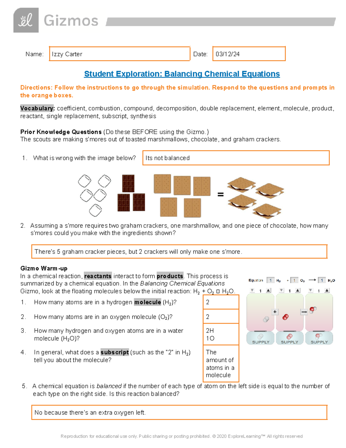 05. Gizmos Balancing Chemical Equations - Name: Izzy Carter Date: 03/12 ...