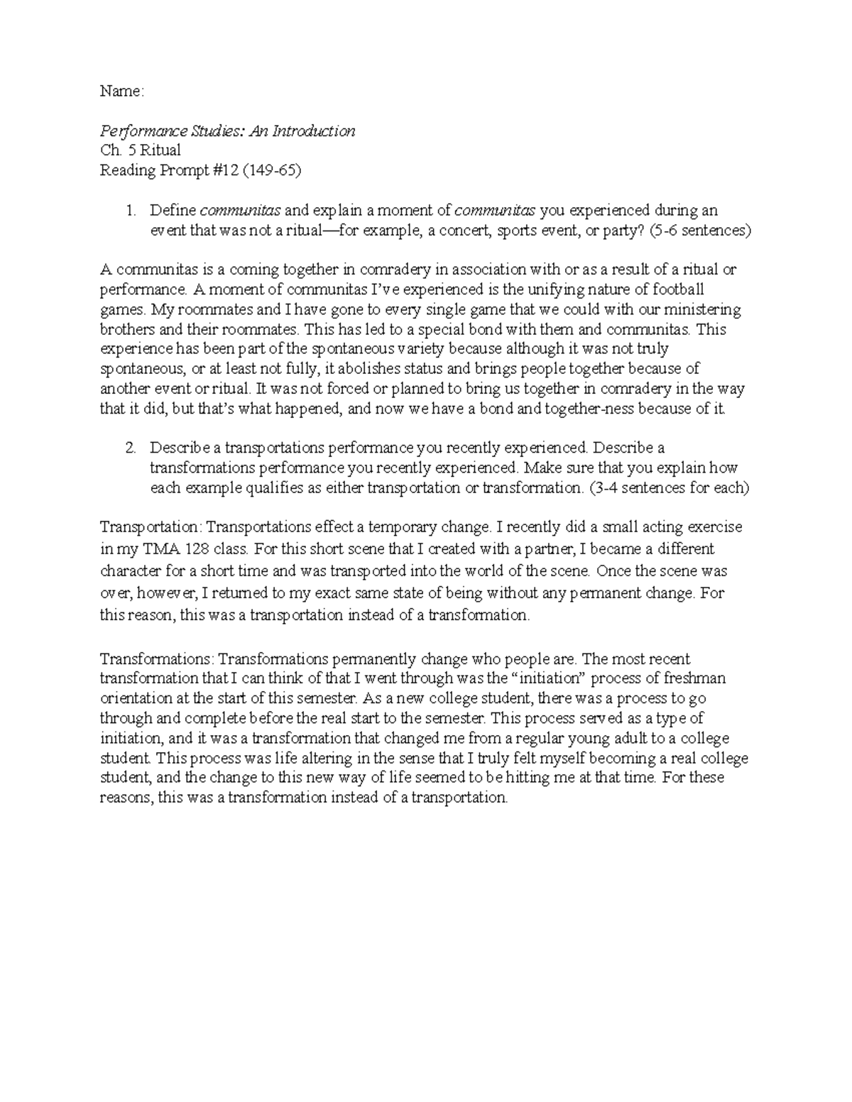 Intro to Performance Studies Reading Prompt (pp 149-165) - Name ...