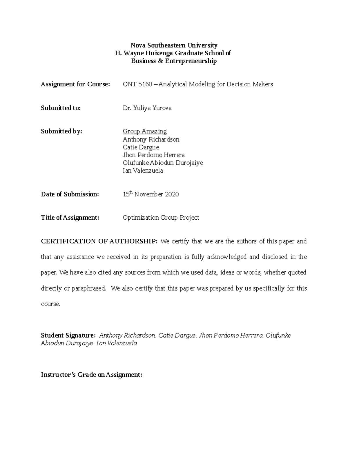 Optimization Group Project - Nova Southeastern University H. Wayne Huizenga Graduate School of ...