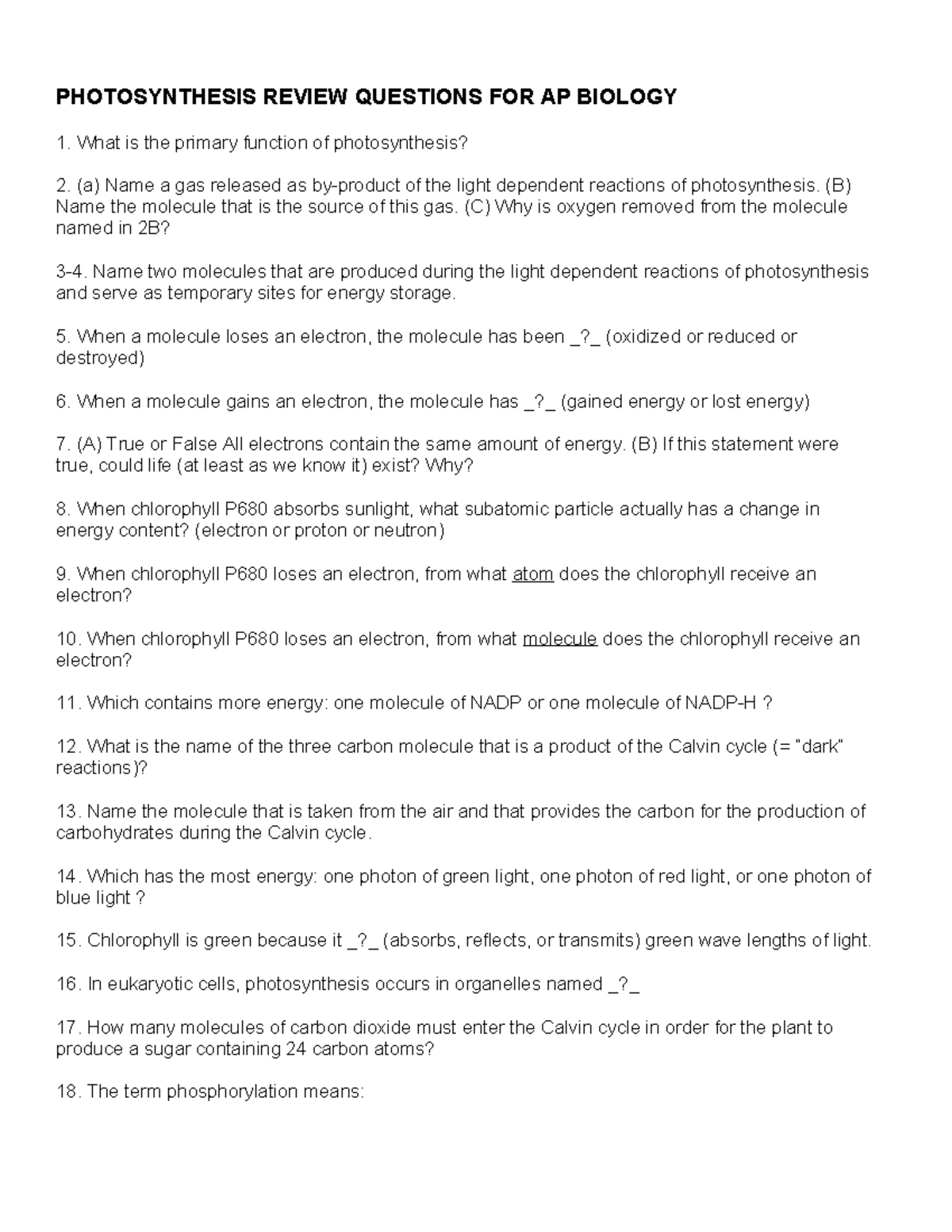 AP Photo Review Qand A-1 - PHOTOSYNTHESIS REVIEW QUESTIONS FOR AP ...