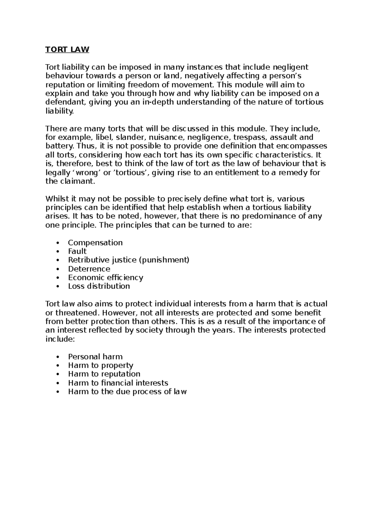 TORT LAW Notes - TORT LAW Tort liability can be imposed in many ...