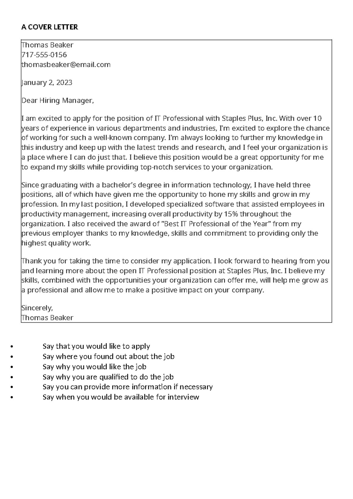 Cover Letter Activity - hoja de3 writting - A COVER LETTER Thomas ...