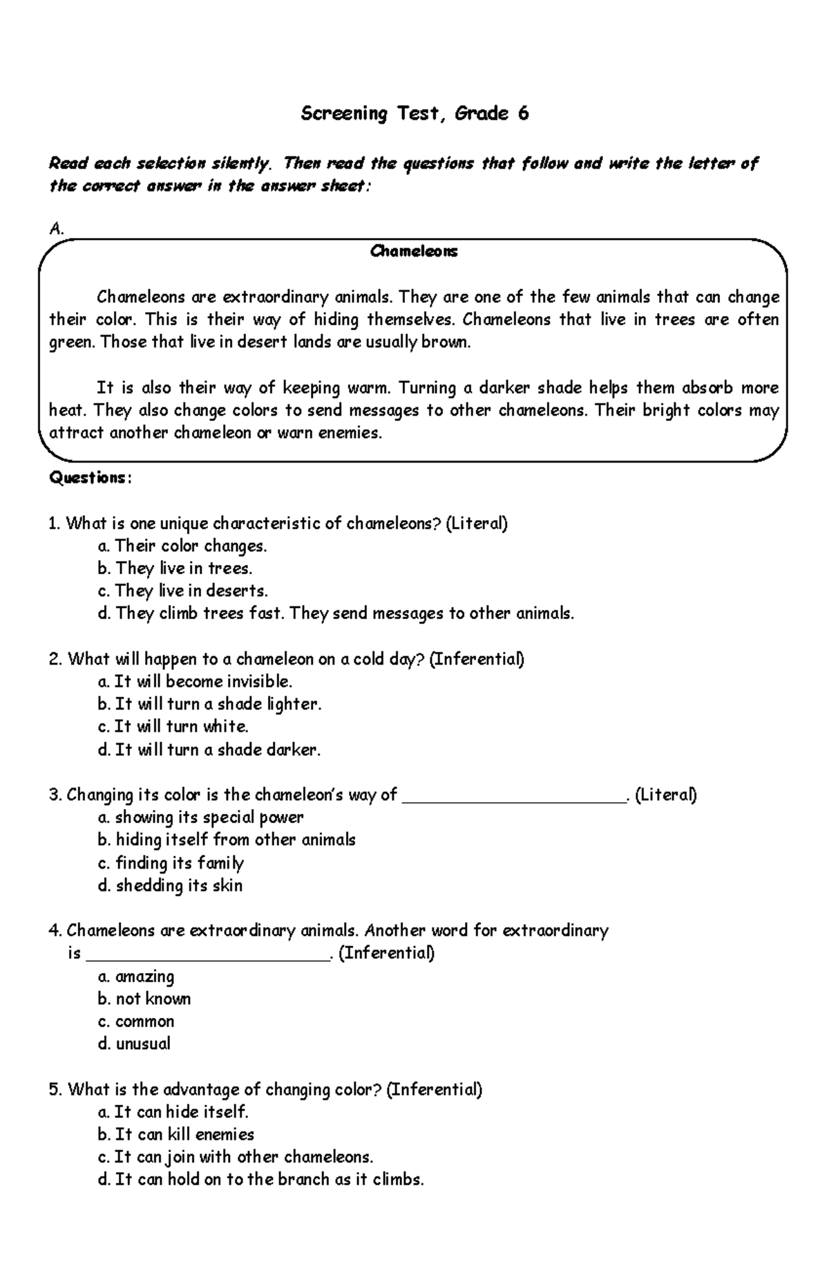 Phil-IRI-Group-Test English - Screening Test, Grade 6 Read each ...