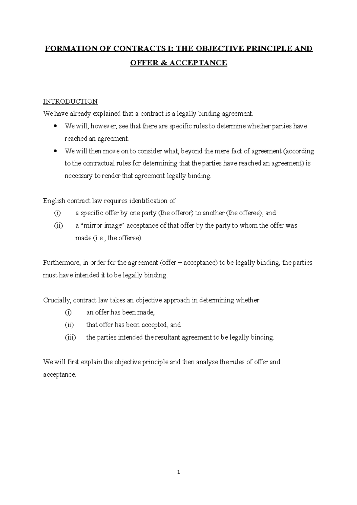 Formation I The Objective Principle and Offer & Acceptance - FORMATION ...