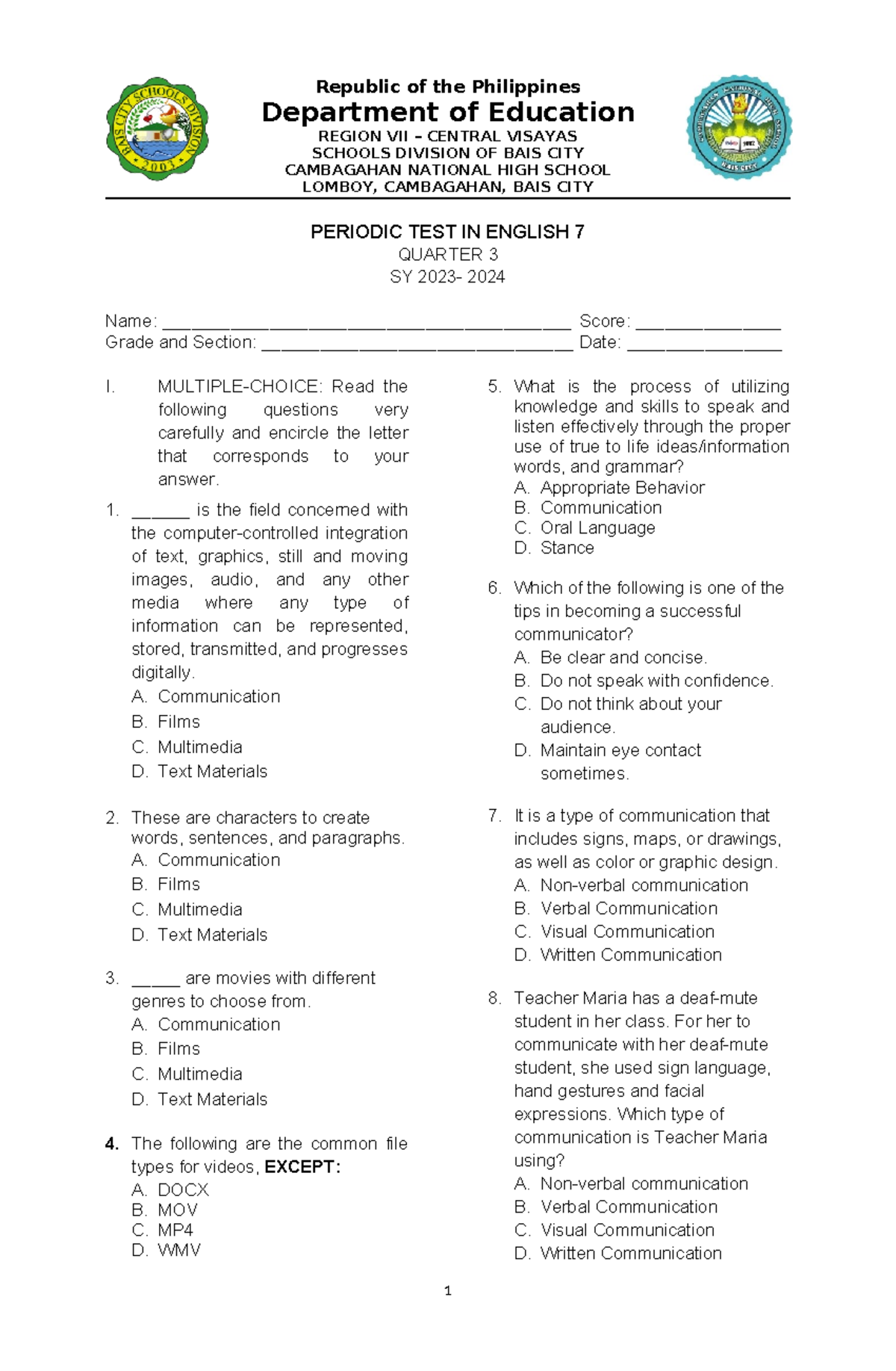 ENG7Q3- Periodic EXAM SY 23-24 - Republic of the Philippines Department ...
