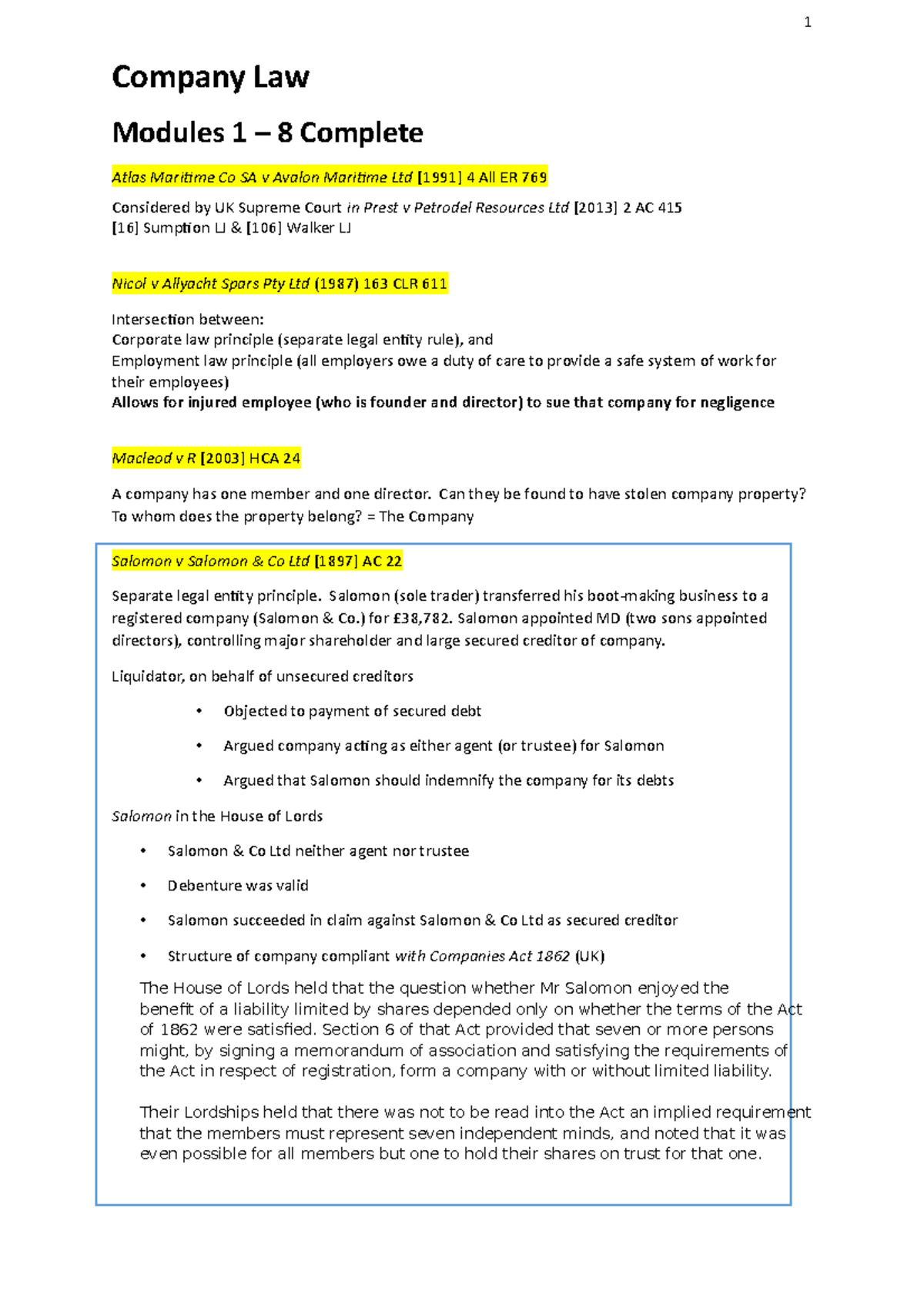 Company Case Law Complete Modules - Company Law Modules 1 – 8 Complete ...