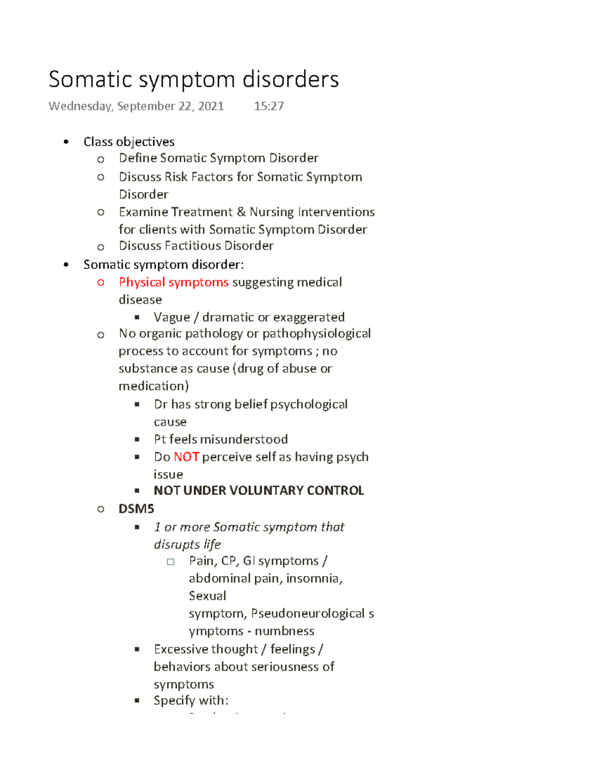 Somatic symptom disorders - Class objectives Define Somatic Symptom ...