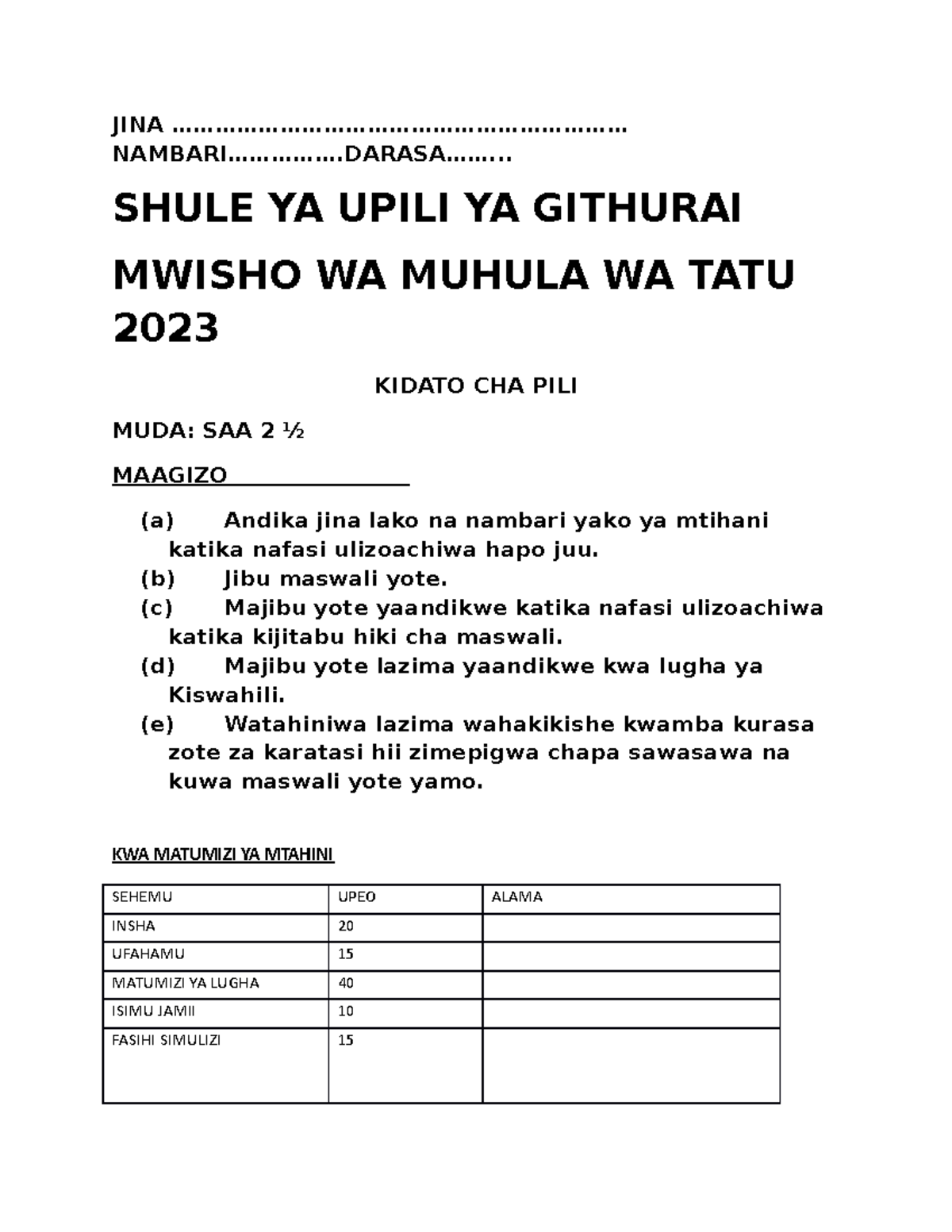 Kiswahili FORM 2 Q Edited - JINA ...