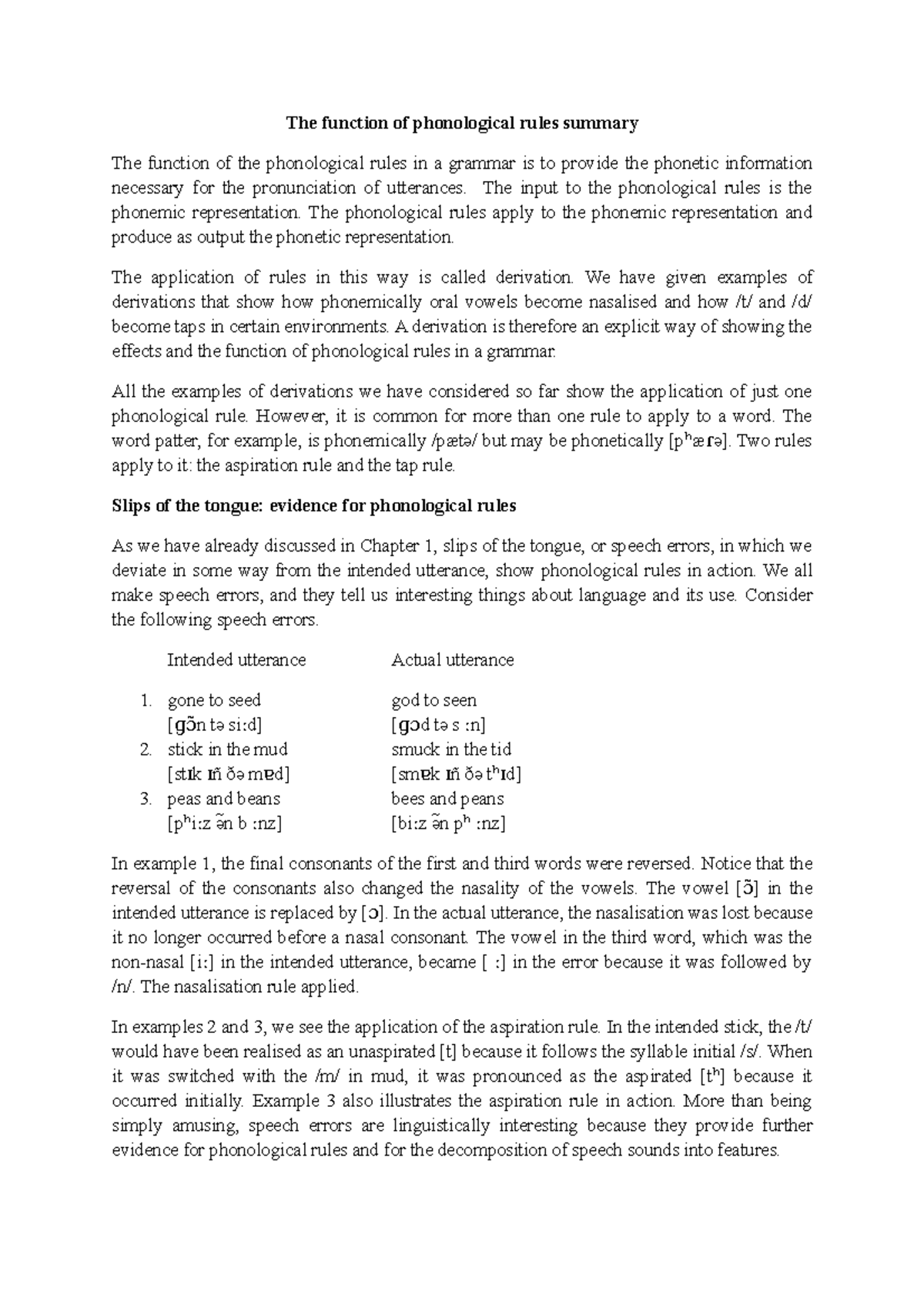The function of phonological rules summary - The input to the ...