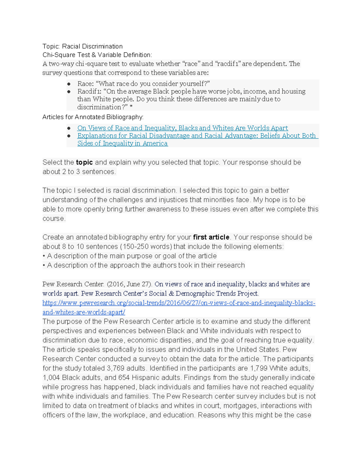 PSY260 Project 3 Milestone Prep - Topic: Racial Discrimination Chi ...