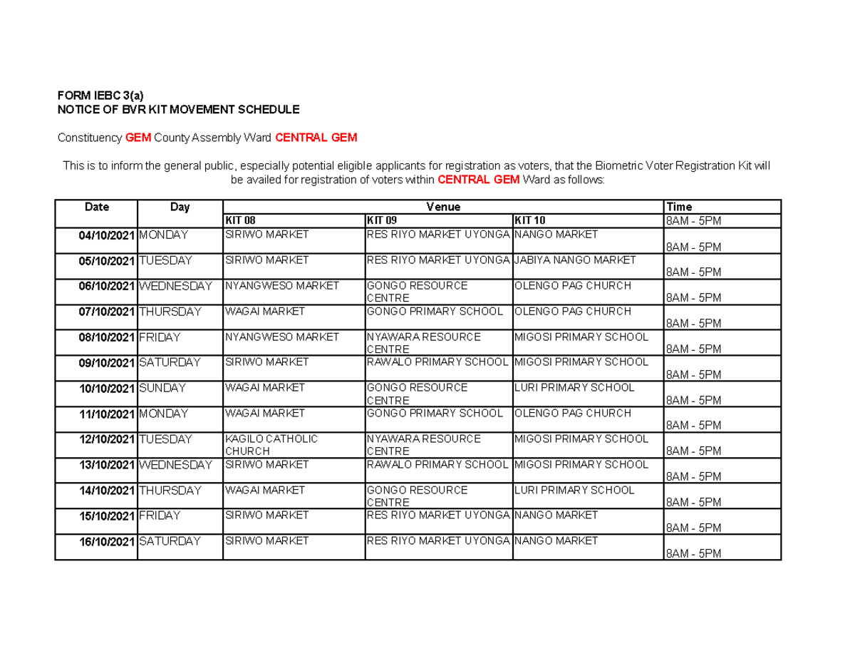 Central GEM KIT Movement Schedule - Time KIT 08 KIT 09 KIT 10 8AM - 5PM ...