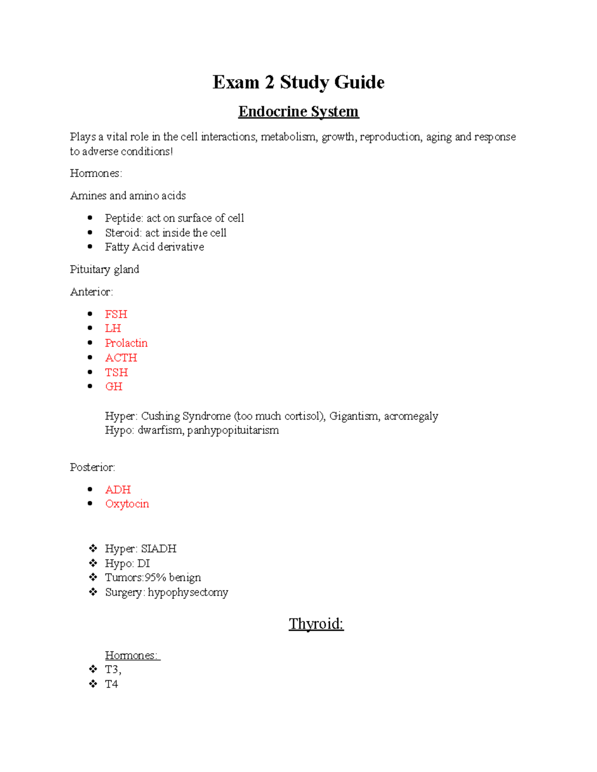 Exam 2 Study Guide Semester 2 - Exam 2 Study Guide Endocrine System ...
