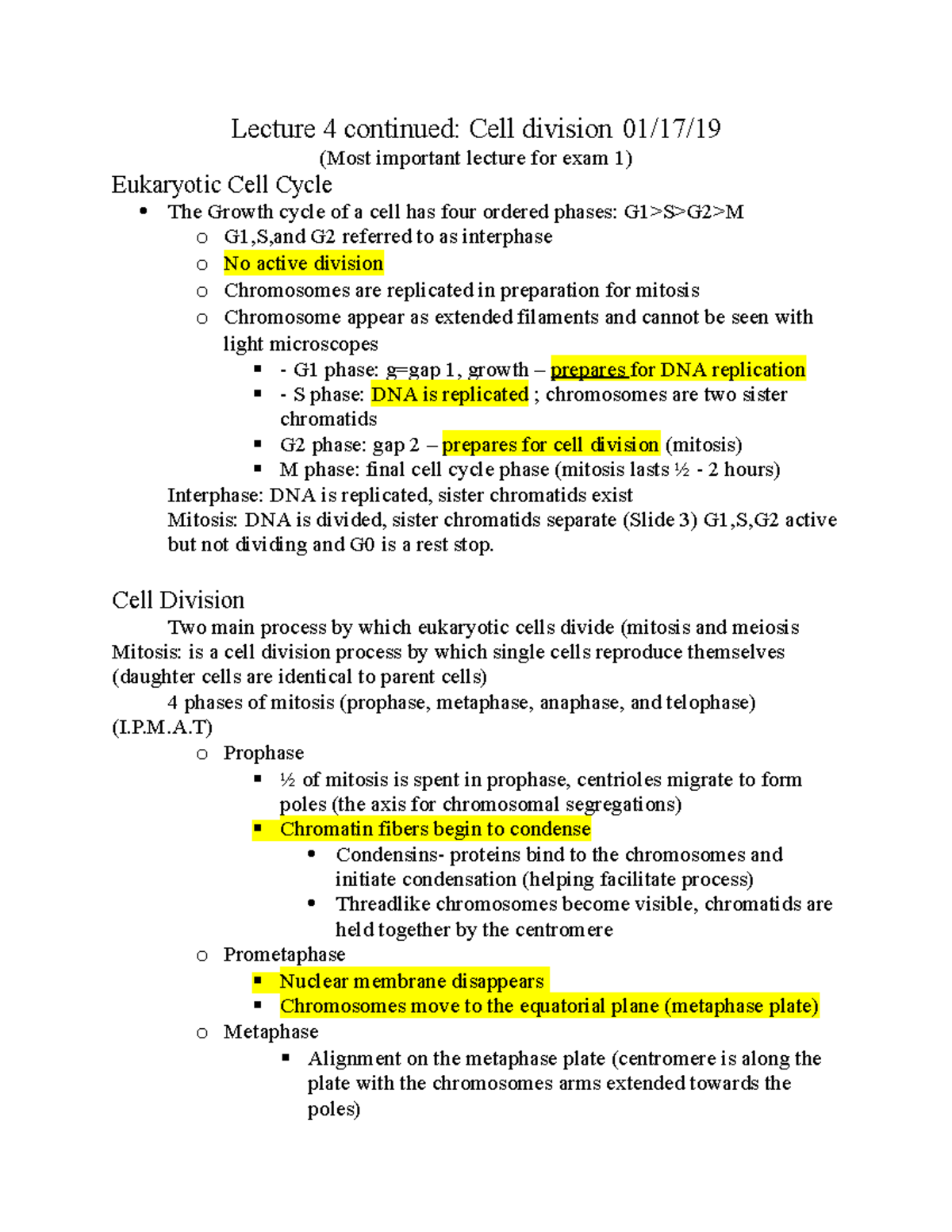 Lecture 4 Cell Division continued part 2 - Lecture 4 continued: Cell ...