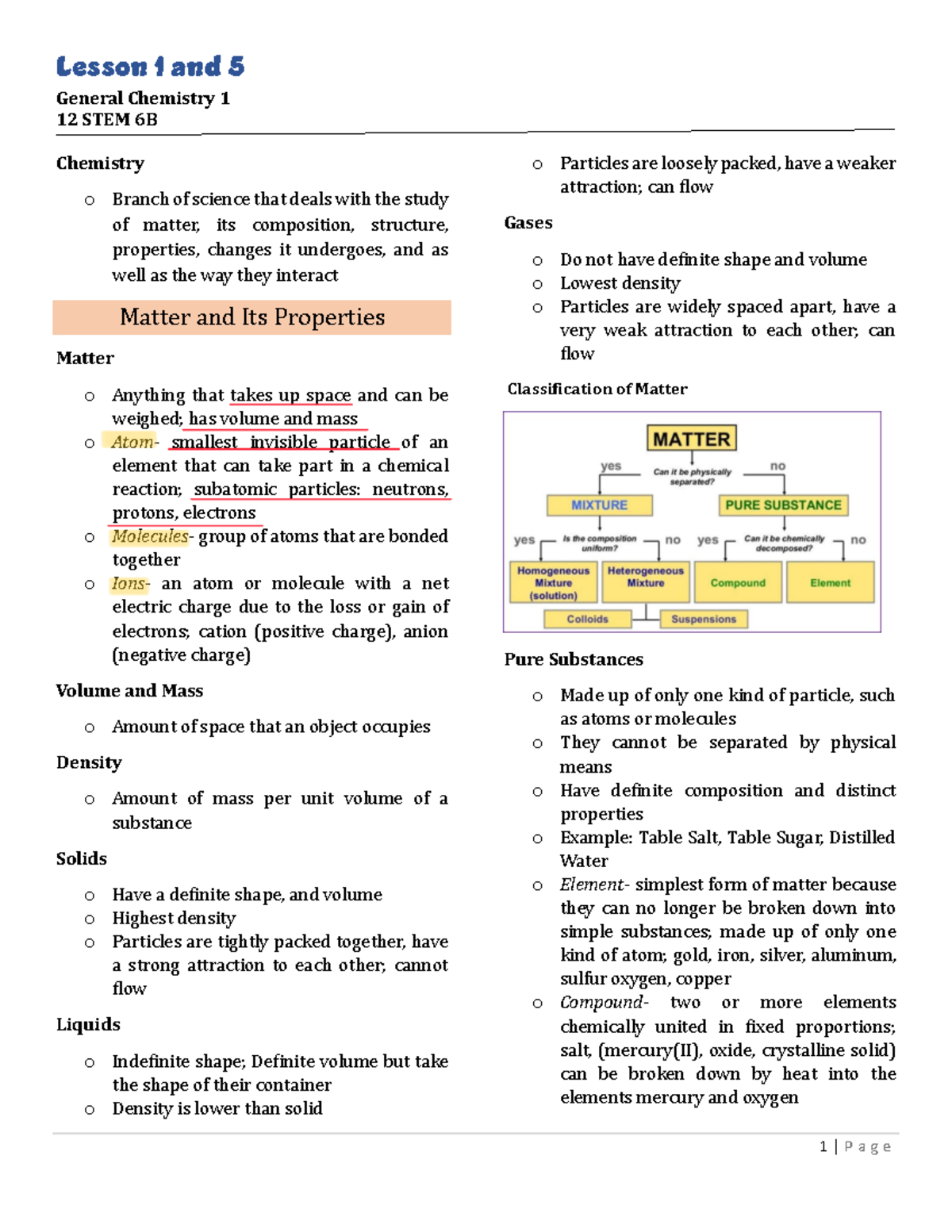 CHEM L1-L5 - chemistry lesson 1 to 5 - General Chemistry 1 12 STEM 6B ...