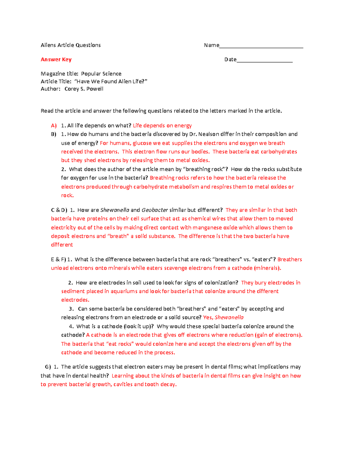 Aliens Article Questions Answer Key - Aliens Article Questions Name
