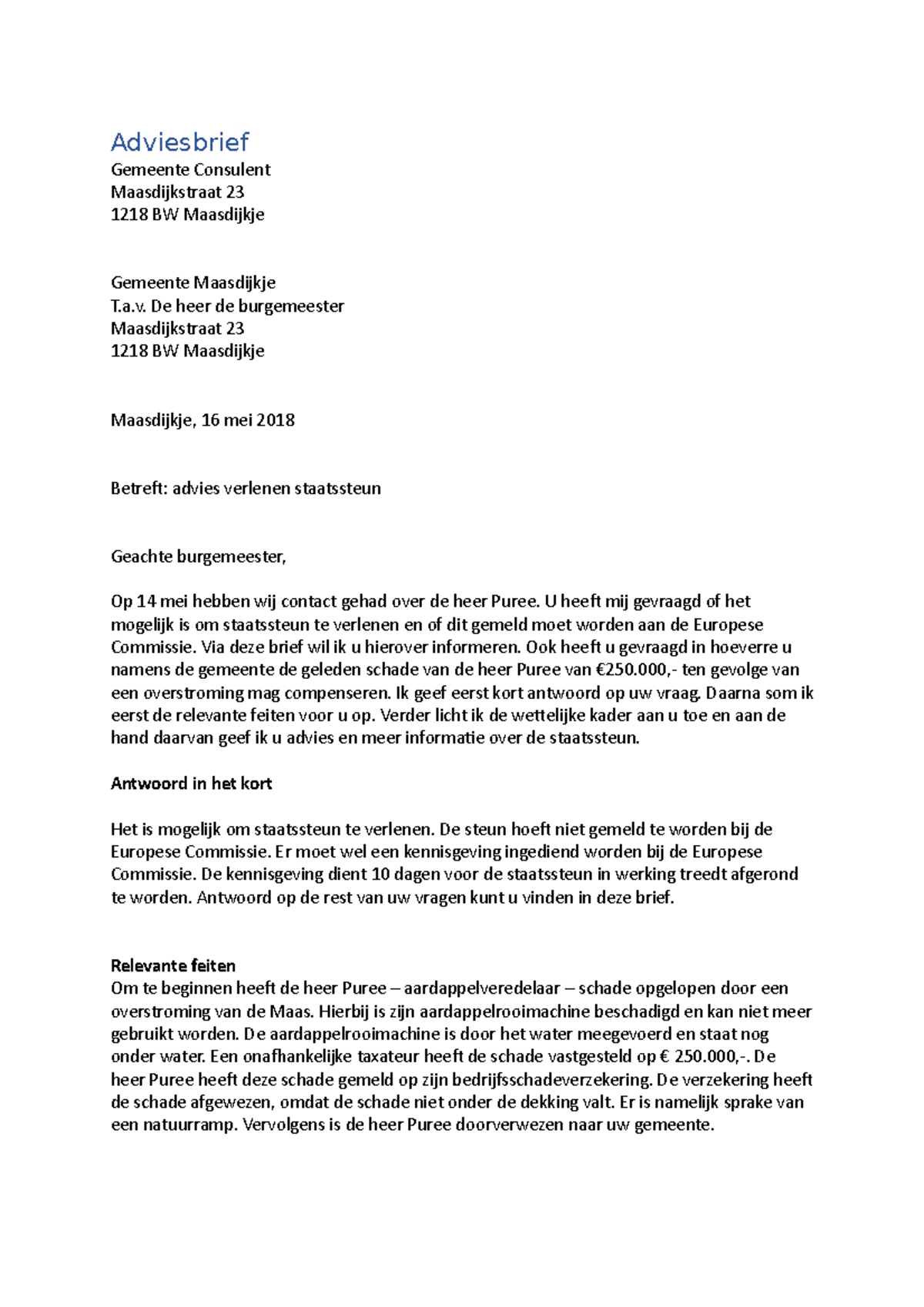 Adviesbrief gemeente - Cijfer: 7 - Adviesbrief Gemeente Consulent ...