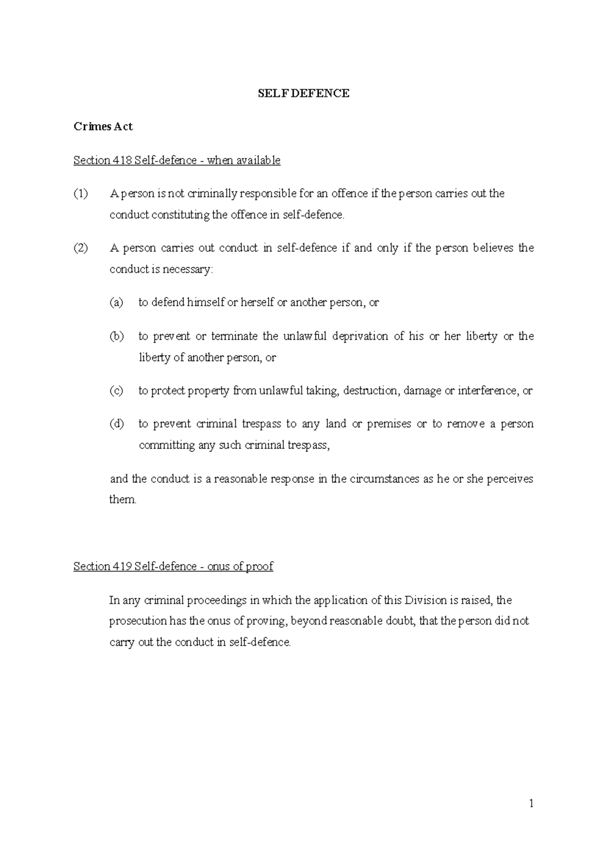 Crim Lec 8 - Self defence duress handout (Unrevised) - SELF DEFENCE ...