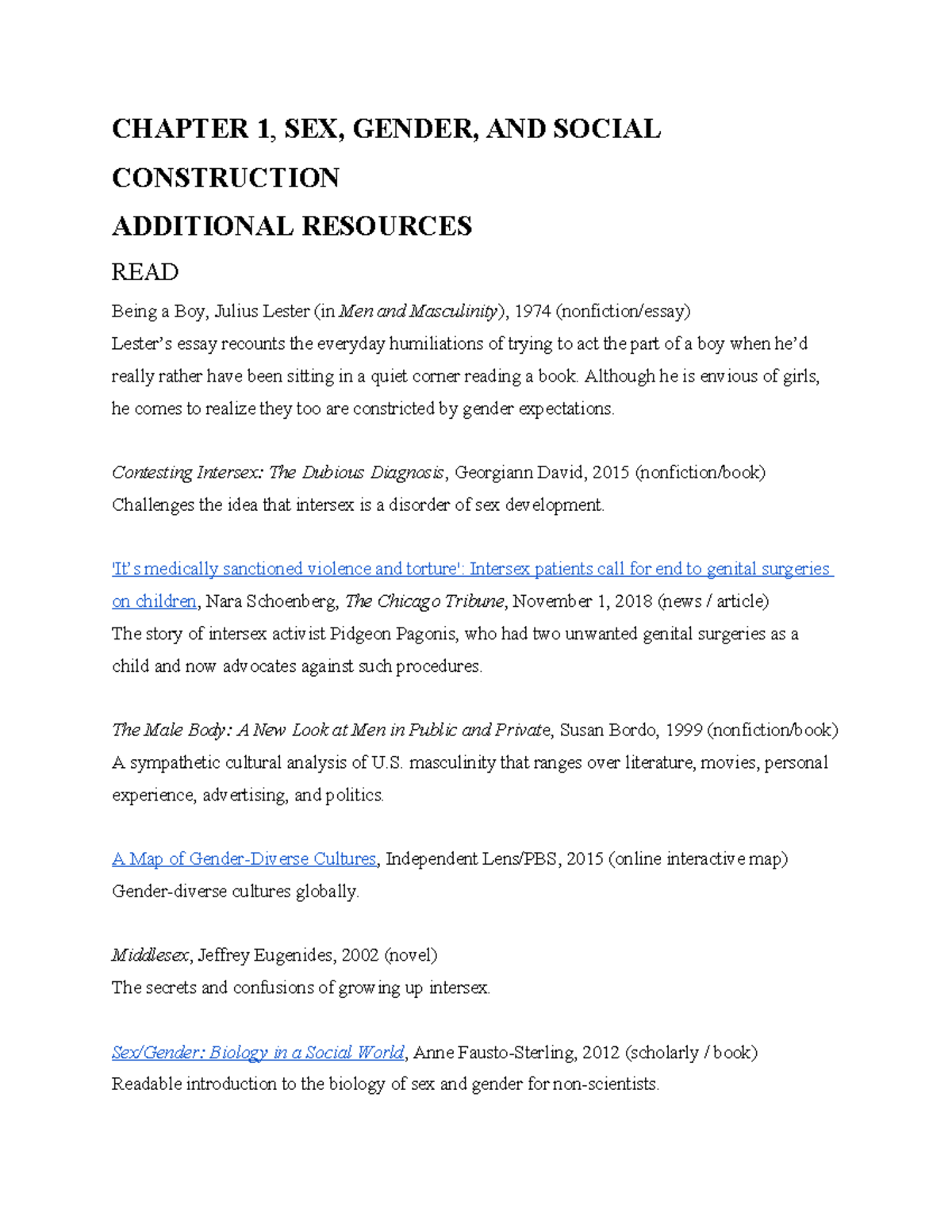 Chapter 1 - Additional Resources (Read Listen Watch) - CHAPTER 1, SEX ...
