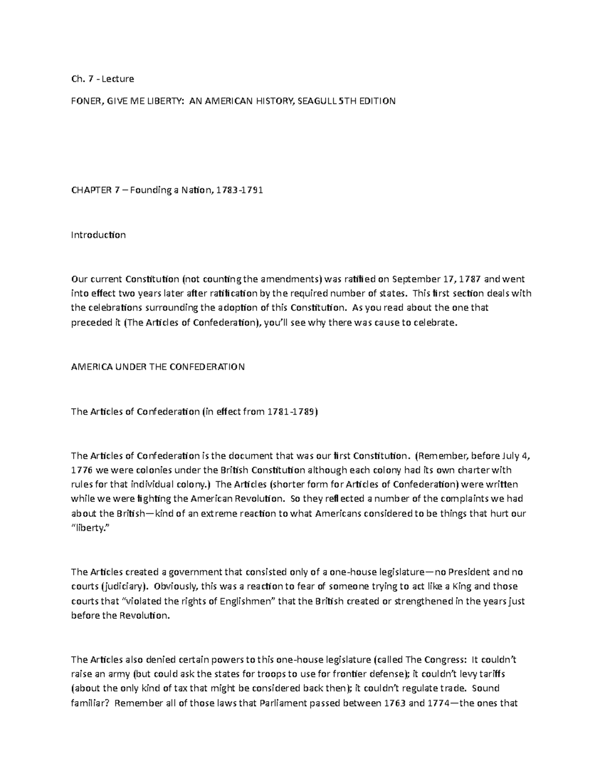 1301 lecture 7 - Karen D - Ch. 7 - Lecture FONER, GIVE ME LIBERTY: AN ...