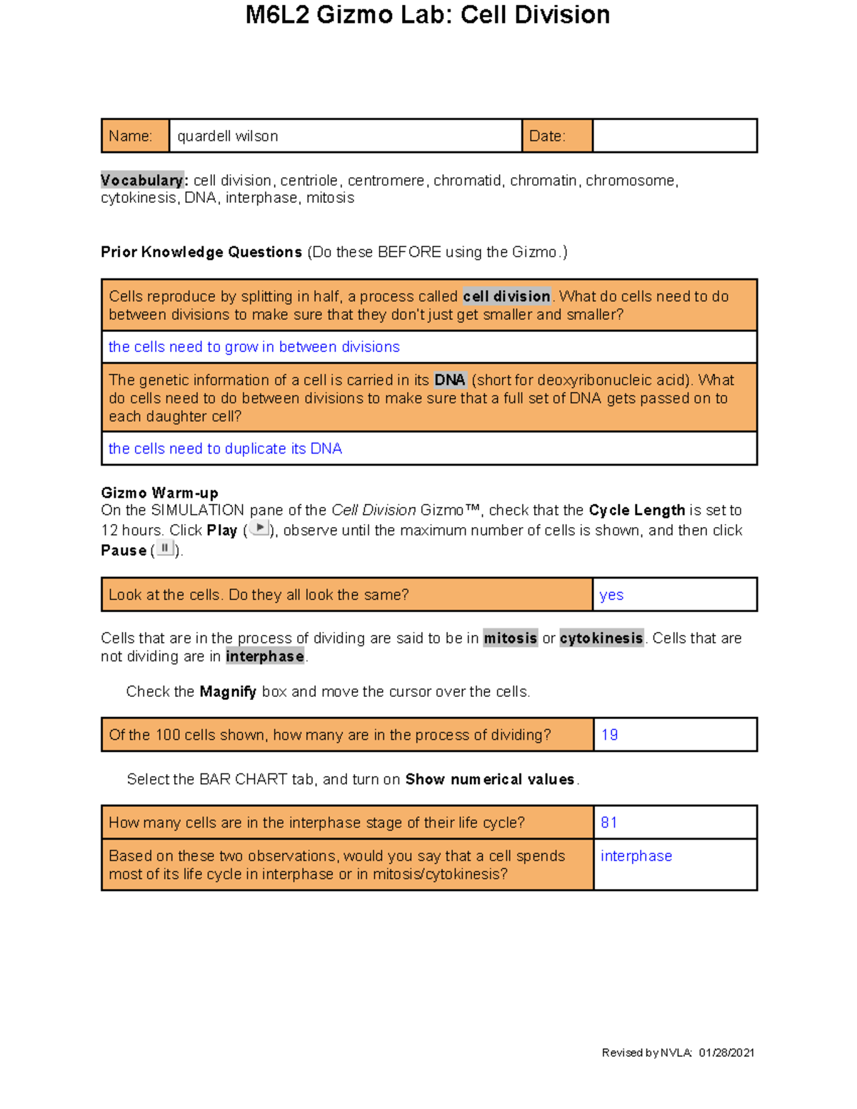 Copy of M6L2 Cell Division Gizmo Lab - Name: quardell wilson Date ...