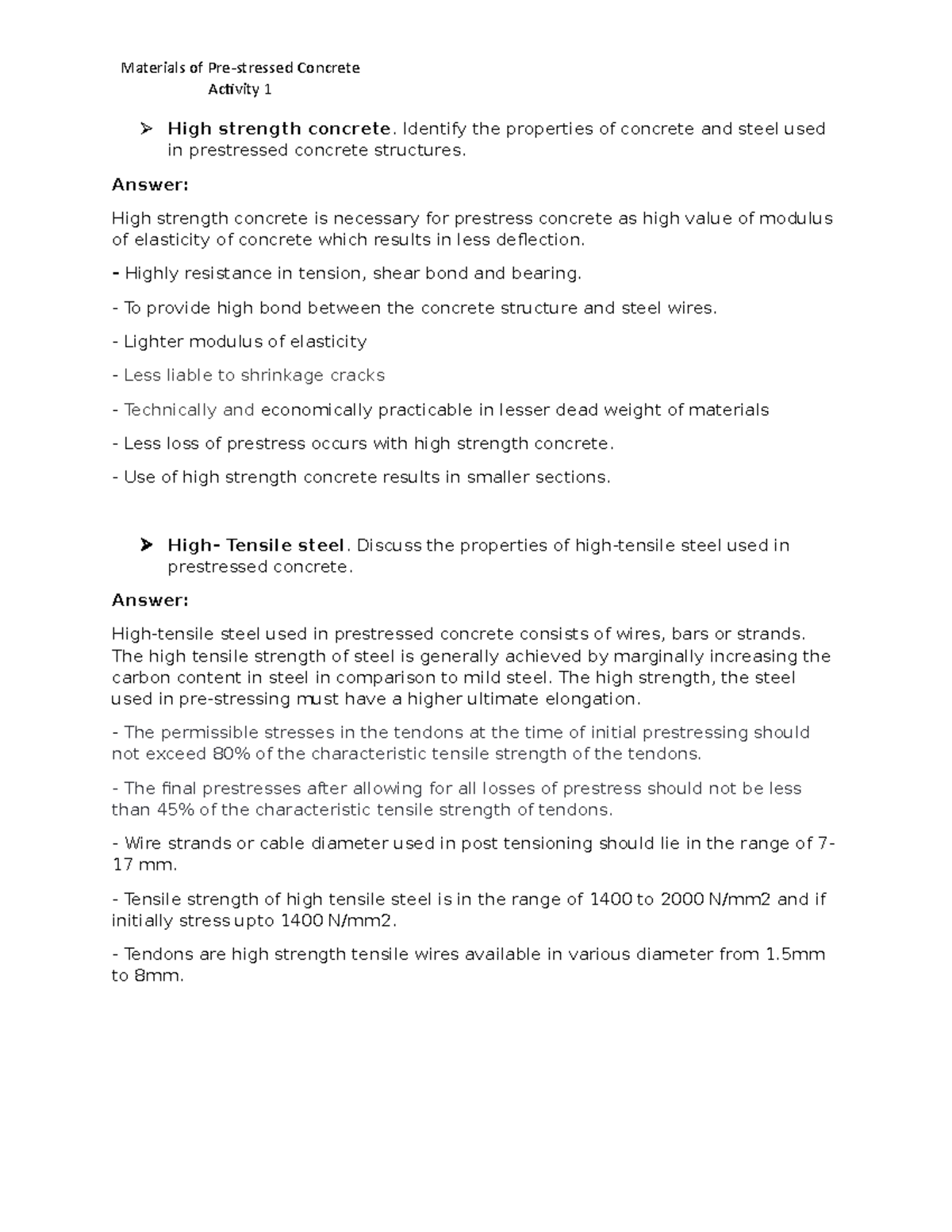 Activity 1 - materials of prestressed concrete - Activity 1 High ...