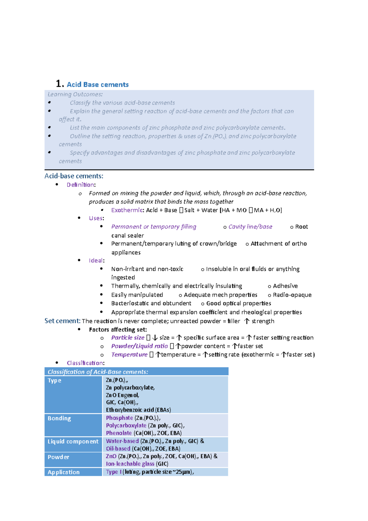 DM Acid Base Cements - 1 Base cements Learning Outcomes: Classify the ...