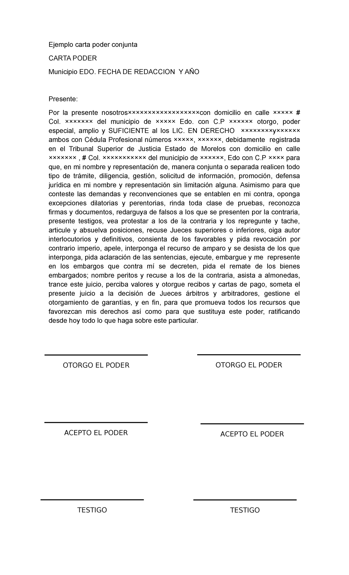 Carta poder conjunta - Ejemplo carta poder conjunta CARTA PODER ...