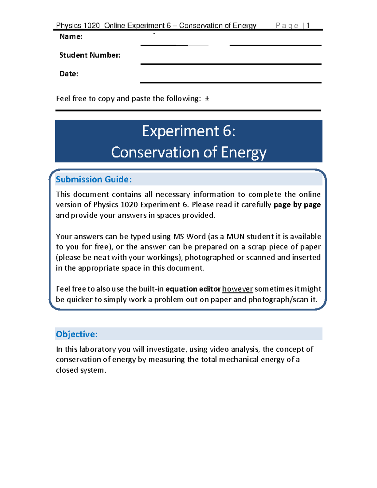 Physics 1020 Experiment 6 Work Sheets Completed - Feel free to copy and ...