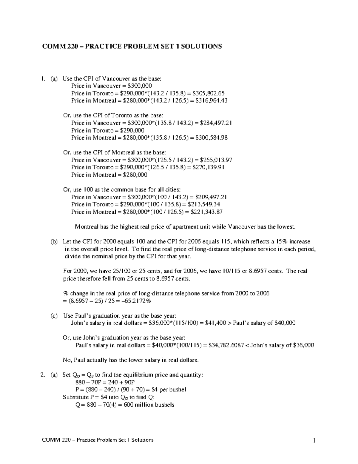 COMM220 Practice Problem Set 1 - Solutions - COMM 220 – PRACTICE PROBLEM SET 1 SOLUTIONS (a) Use ...