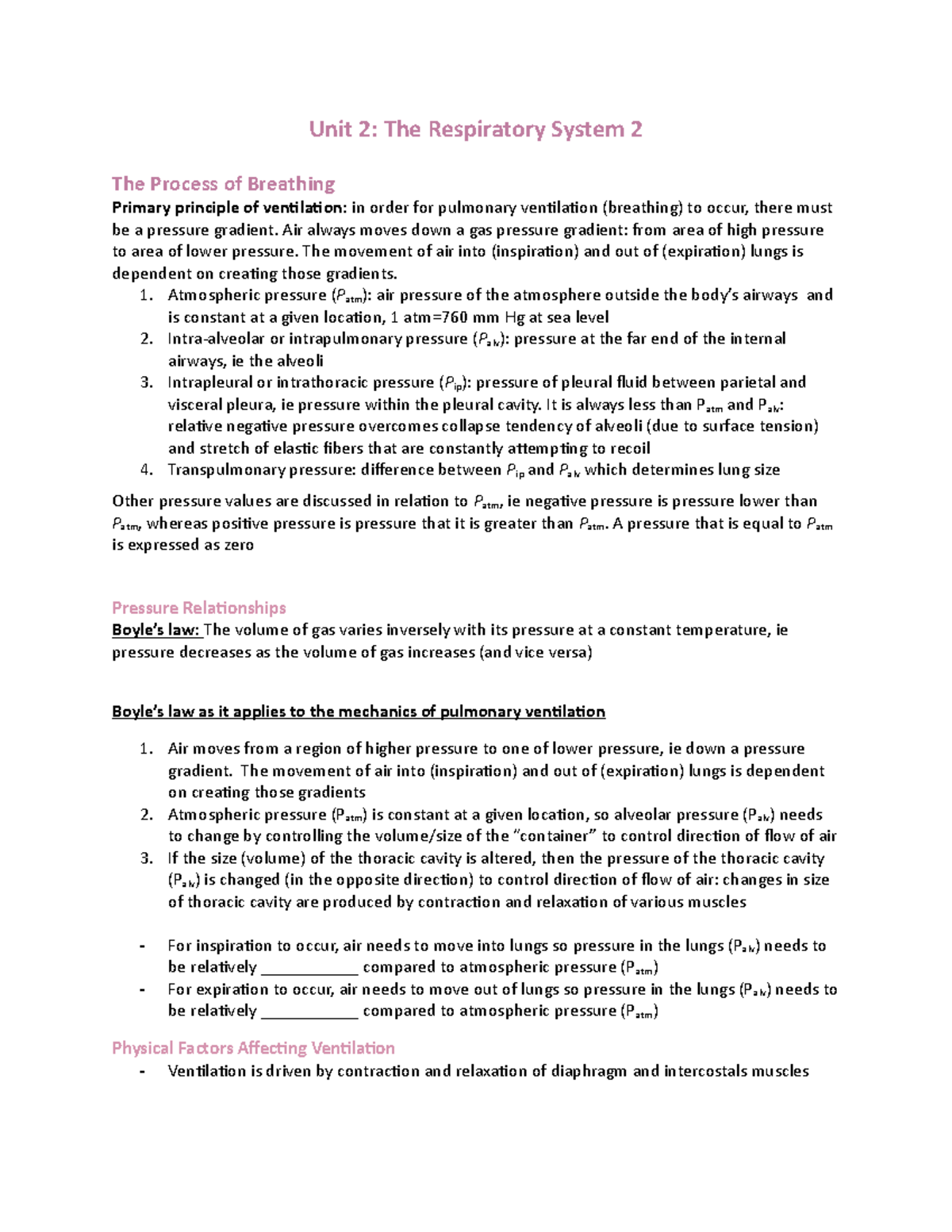 Unit 2- the respiratory 2 - Unit 2: The Respiratory System 2 The ...