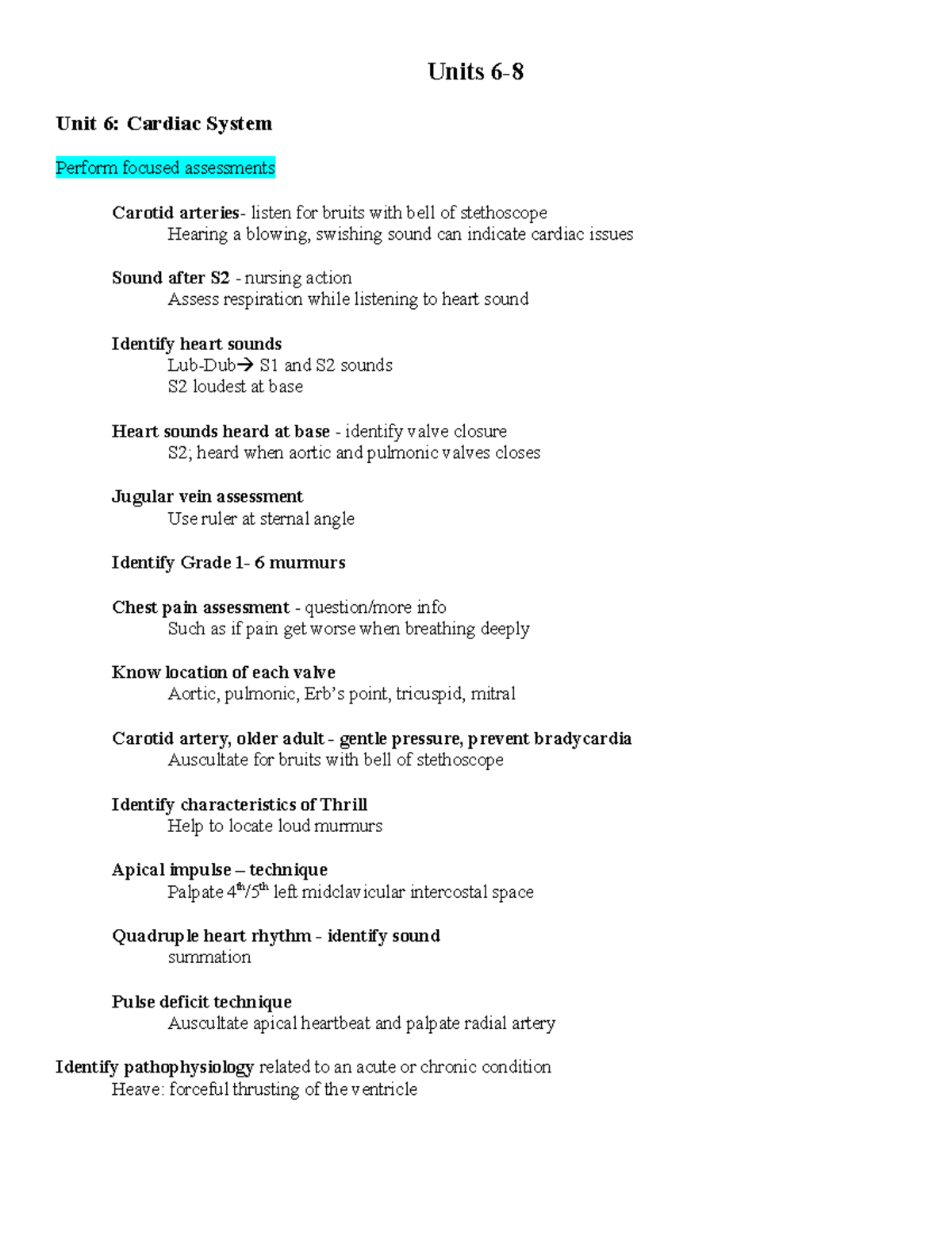 Key Points units 6 to 8 - exam 3 study - Units 6- Unit 6: Cardiac ...