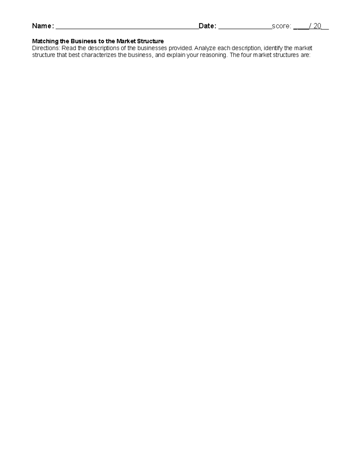 Type of market structure Worksheet - Business Economics - Name: Date ...