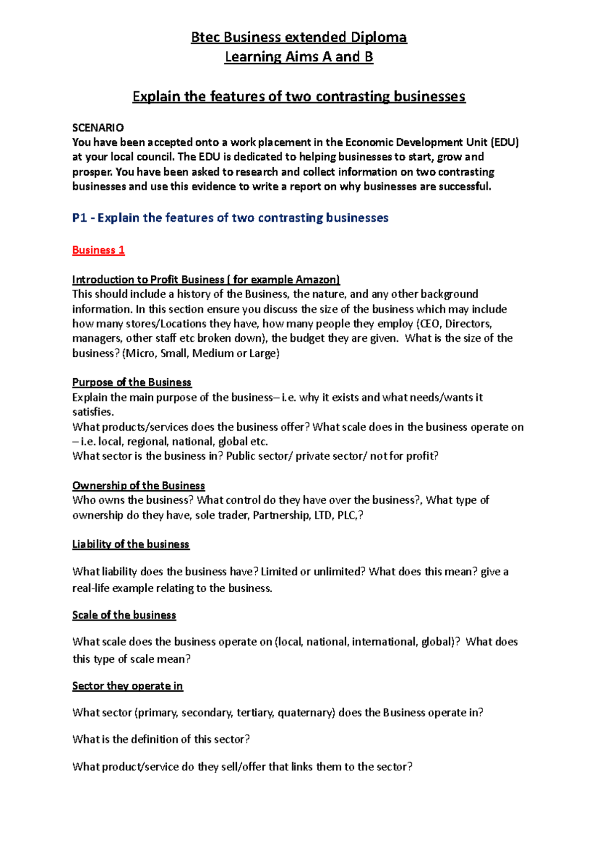 Assignment 1 Writing Frame- NTC - Btec Business extended Diploma ...