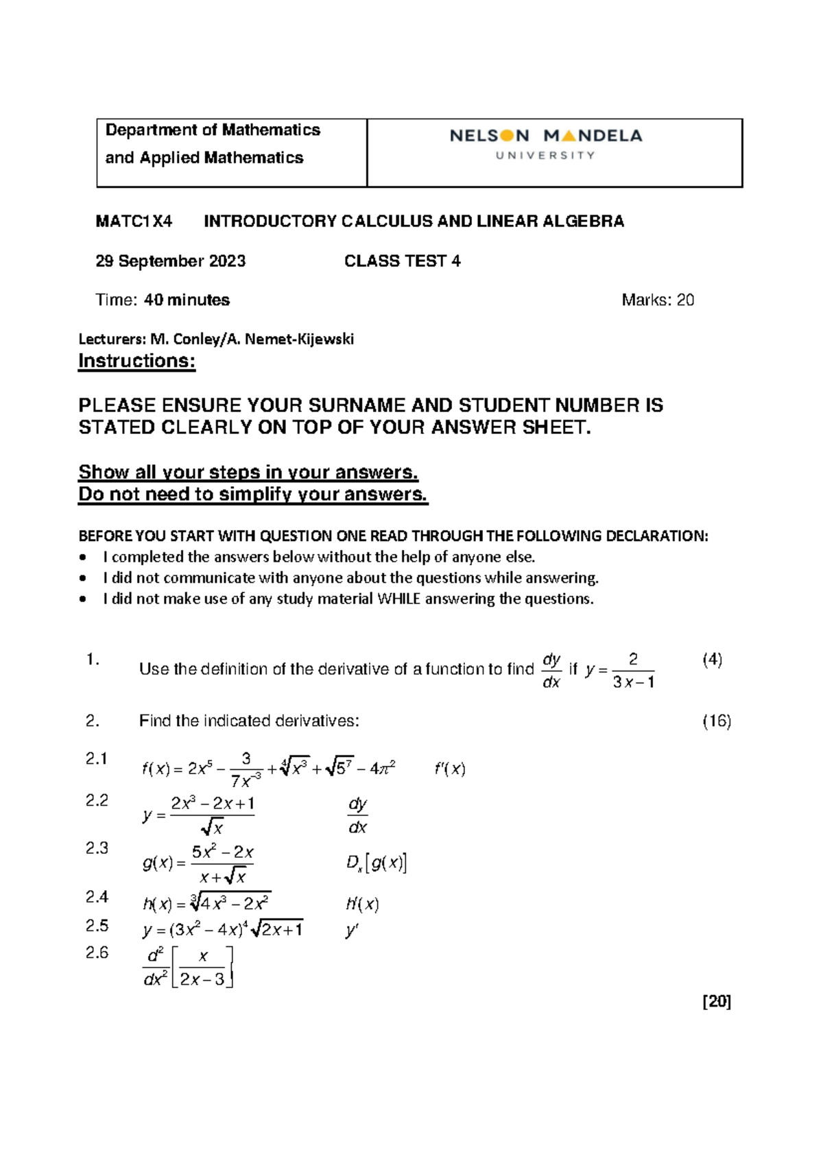 MATC1X4 Class Test 4 2023 50694 db32f03b5f17cde2a2c43ef6310 ...