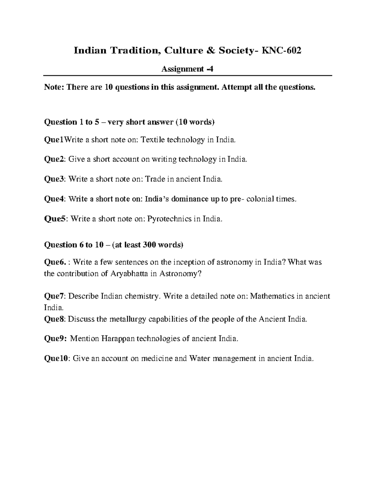 Assignment 4 Asdf Indian Tradition Culture And Society Knc Assignment Note There Are 10 4533