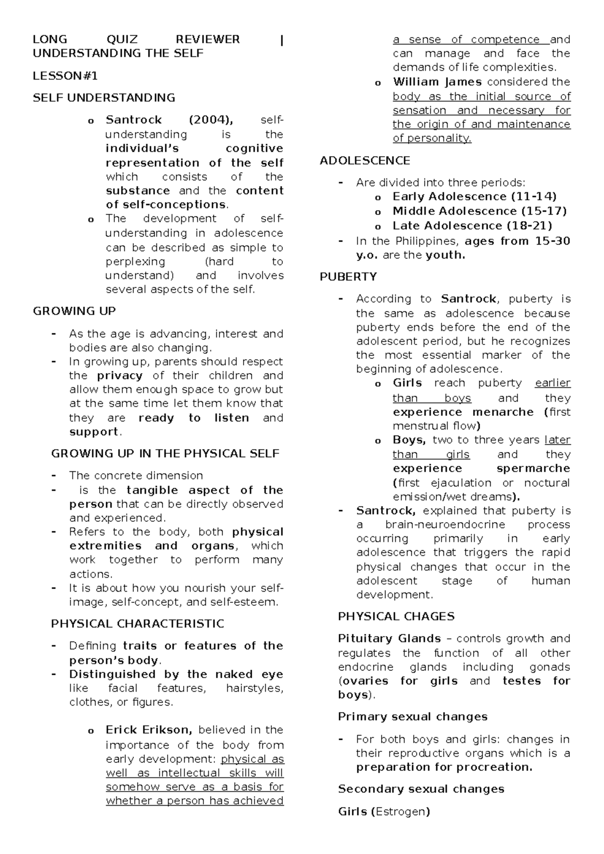 Long Quiz - Reviewer for a long quiz in understanding the self - LONG ...