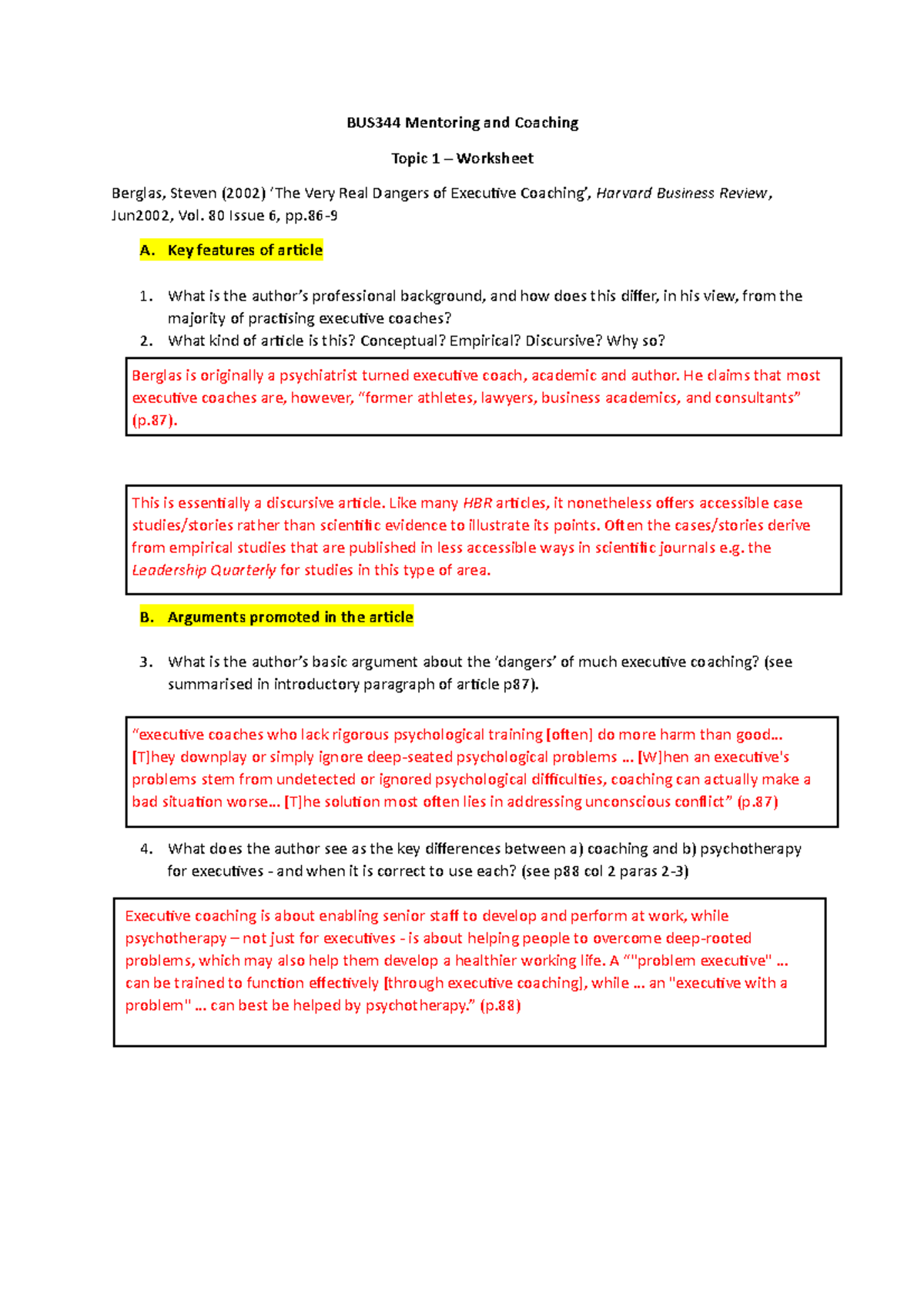 Answerstopic 1 Berglas HBR article worksheet - suggested answers ...