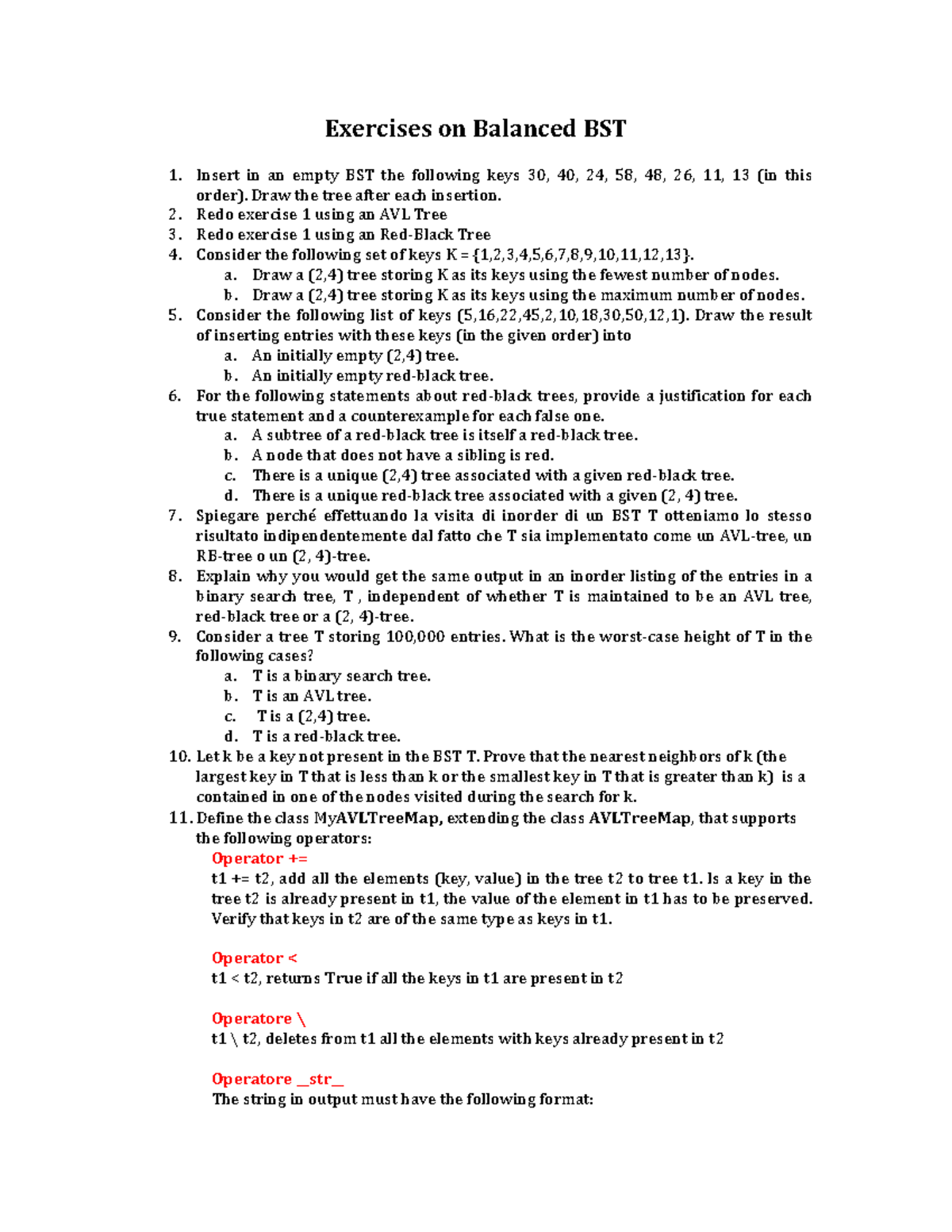 Exercises balanced BST - Exercises on Balanced BST Insert in an empty BST the following keys 30 ...