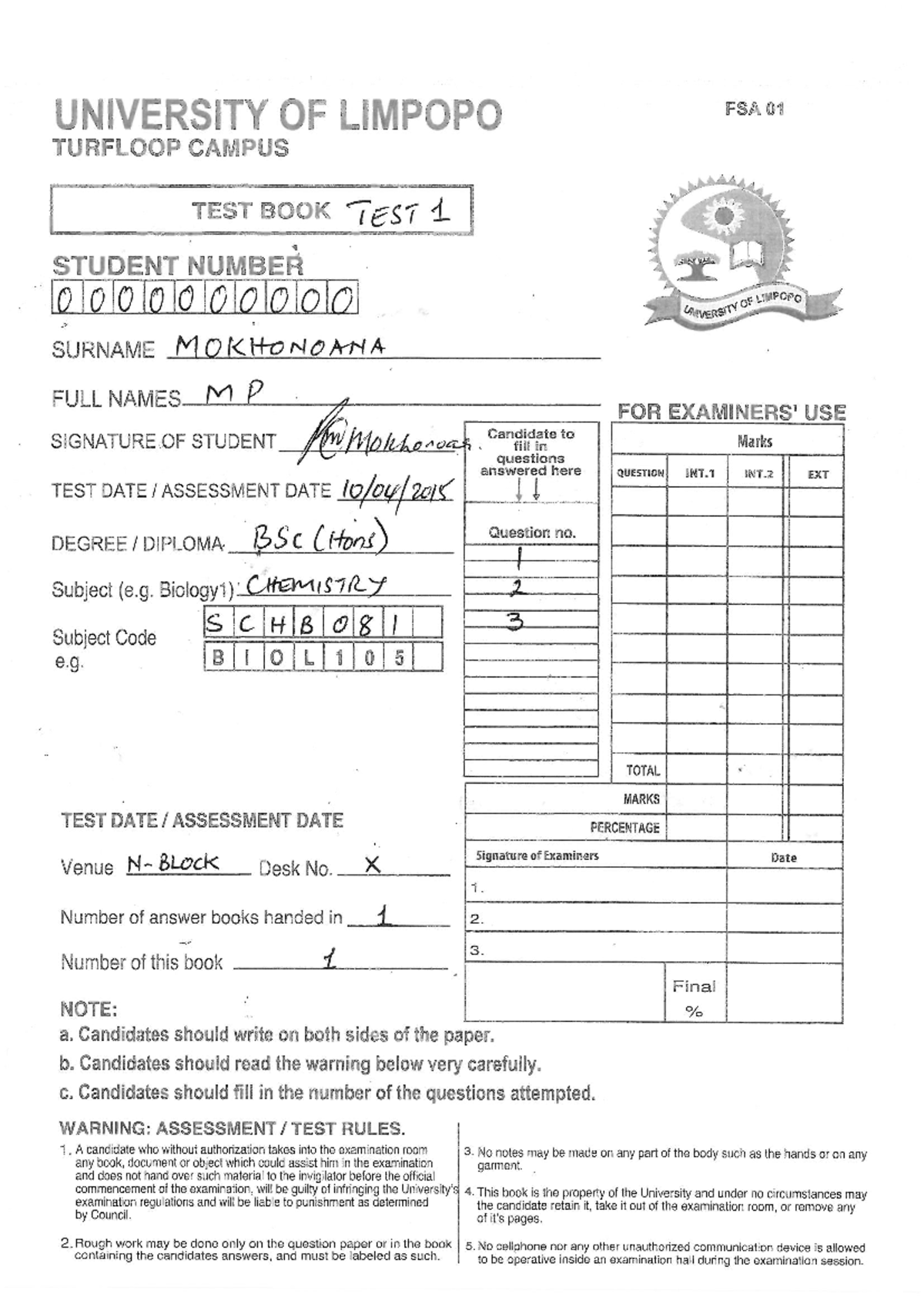 2015 SCHB081 T1 Memo - PRACTICE PAPER - UNIVERSITY OF LIMPOPO FSA 01 ...