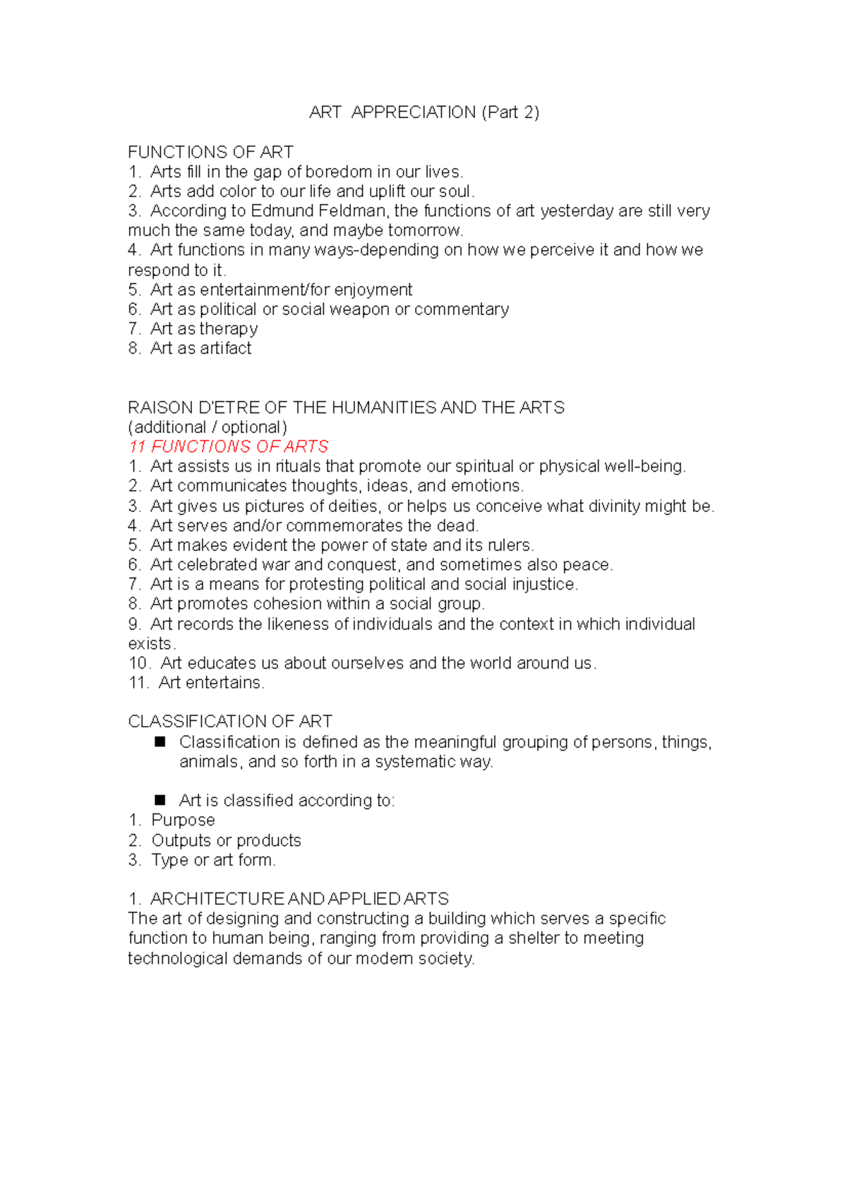 Art Appreciation - ART APPRECIATION (Part 2) FUNCTIONS OF ART Arts fill ...