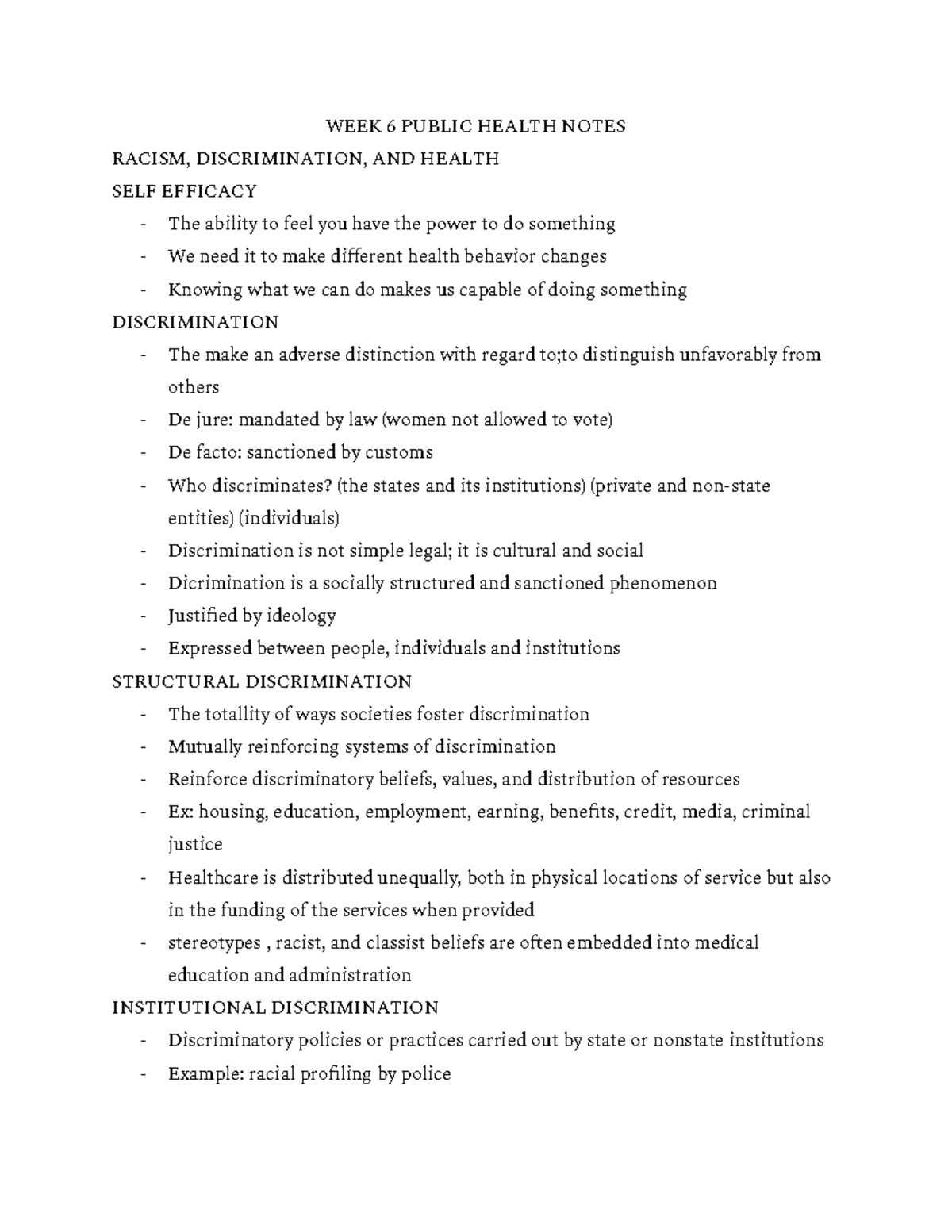 WEEK 6 Public Health Notes - WEEK 6 PUBLIC HEALTH NOTES RACISM ...