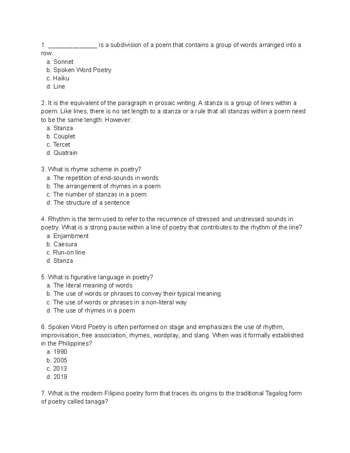 Poetry Quiz - note - ______________ is a subdivision of a poem that ...