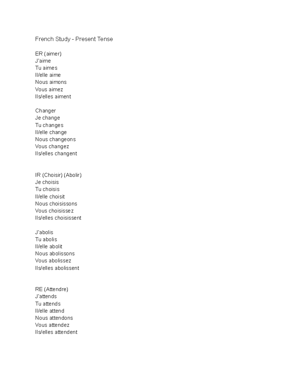 French Study - Present Study - French Study - Present Tense ER (aimer ...