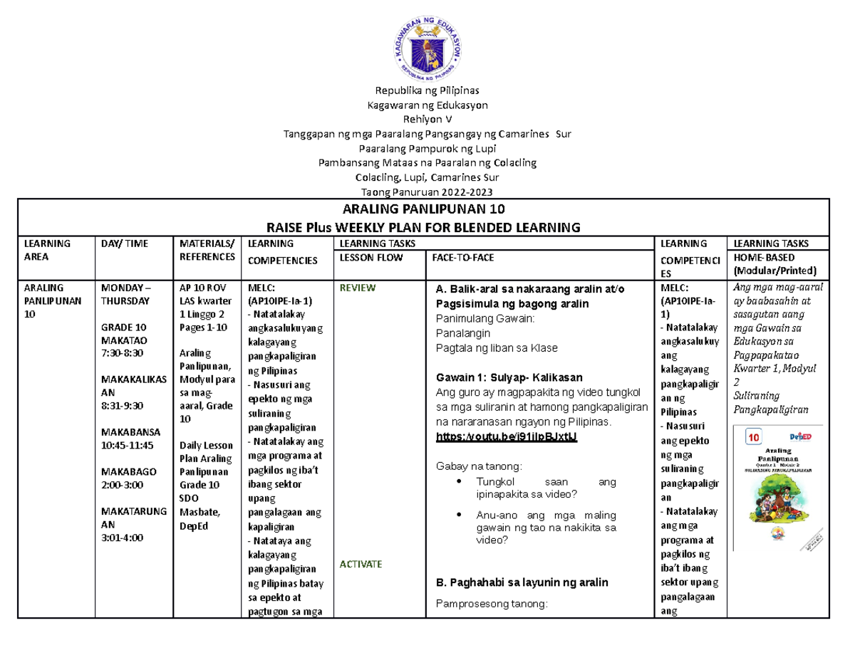 Raise PLUS AP10 Q1 WEEK 2 - Republika ng Pilipinas Kagawaran ng Edukasyon Rehiyon V Tanggapan ng ...