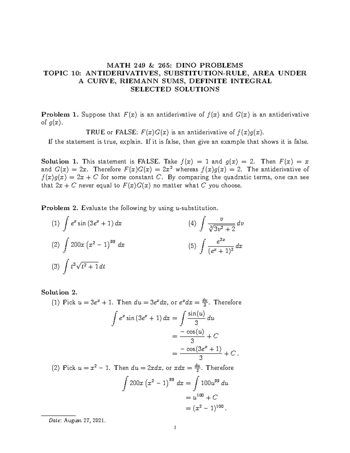 10 antiderivative-sol - MATH 249 & 265: DINO PROBLEMS TOPIC 10: ANTIDERIVATIVES, - Studocu