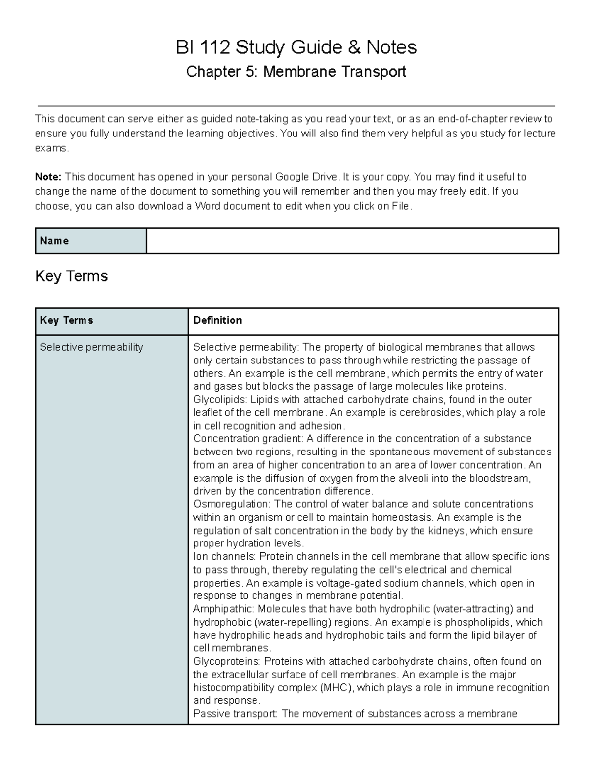 BI 112 Chapter 5 Study Guide & Notes - BI 112 Study Guide & Notes ...
