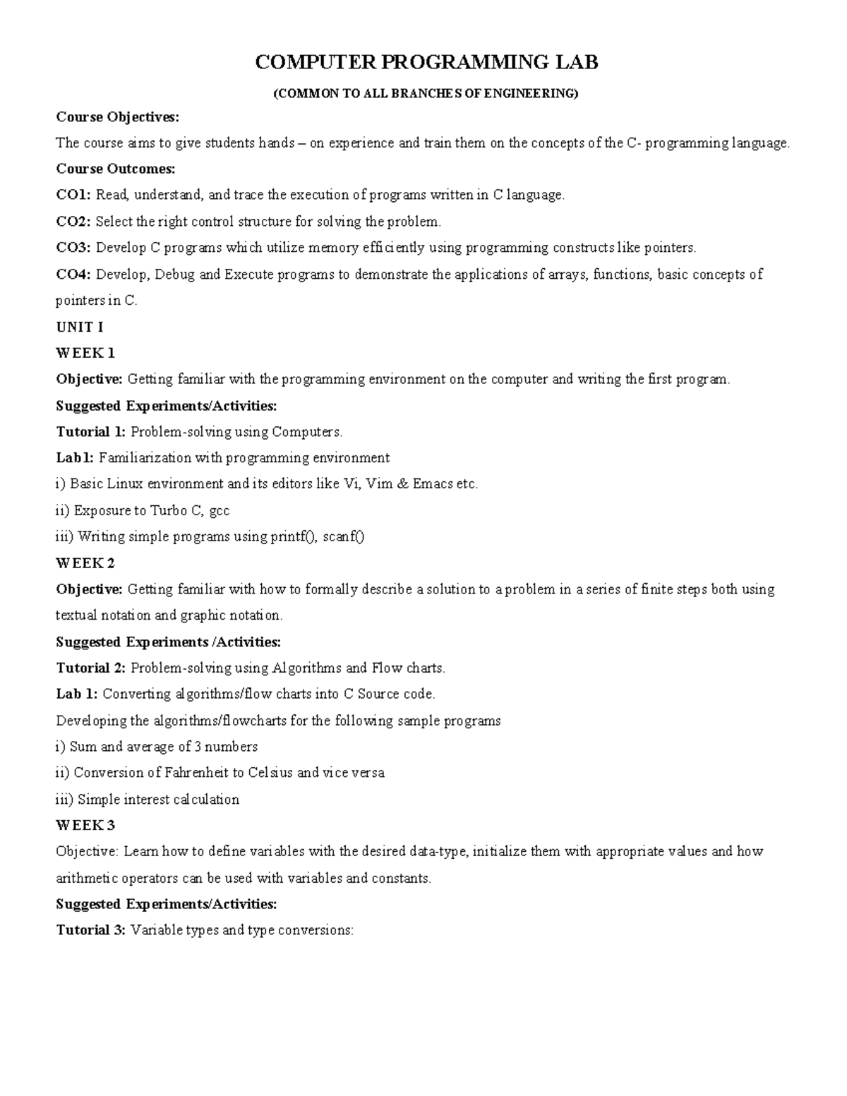 V23 ITP(T+L) - SYLLABUS NOTES - COMPUTER PROGRAMMING LAB (COMMON TO ALL ...
