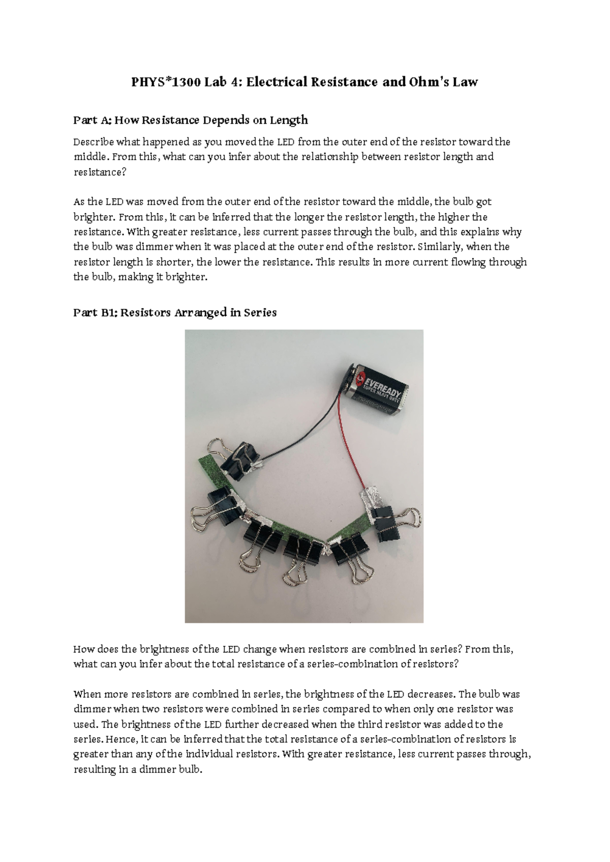 PHYS 1300 Lab 4 Electrical Resistance and Ohm's Law - PHYS*1300 Lab 4 ...